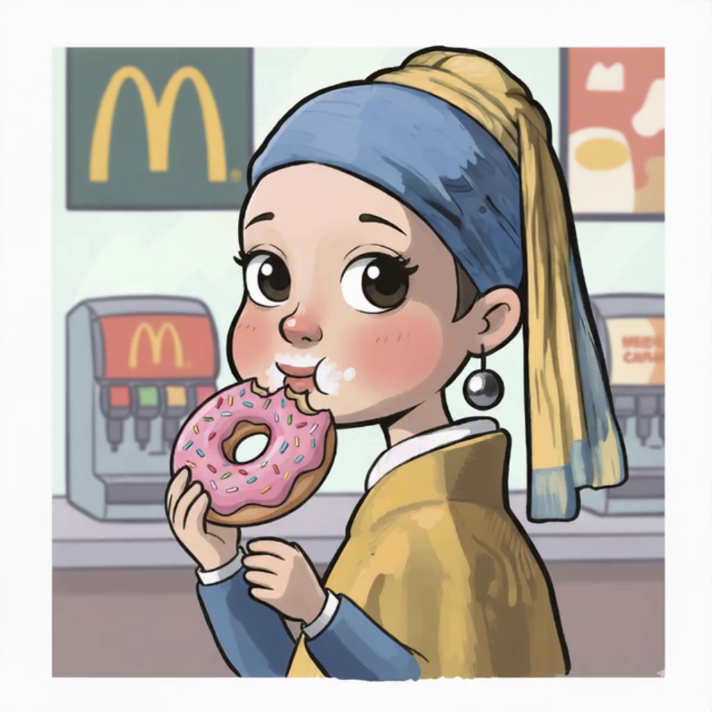 A cinematic video of Girl with a Pearl Earring eating a donut, classic ...